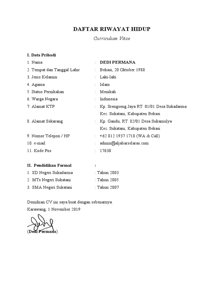 Contoh CV Word Sederhana | PDF