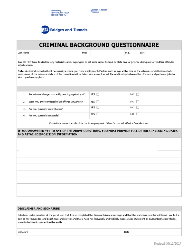 Criminal Background Questionaire 2017 | PDF | Law