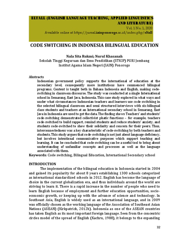 Code Switching in Indonesia Bilingual Education: ELTALL (English ...