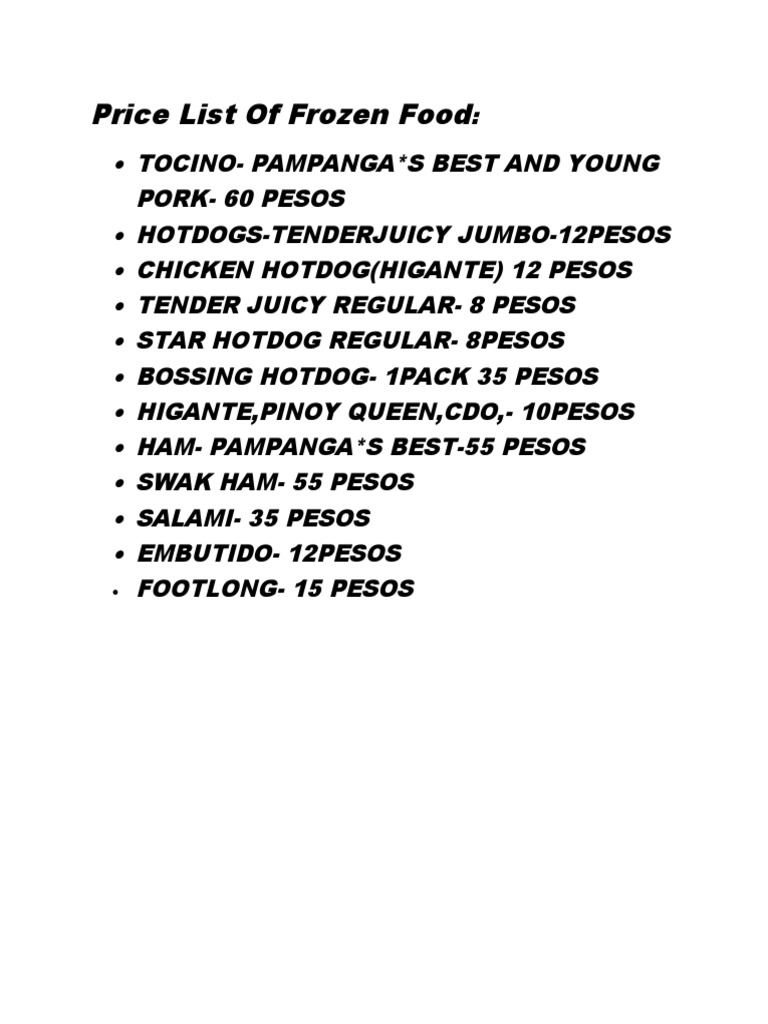 Price List of Frozen Food | PDF