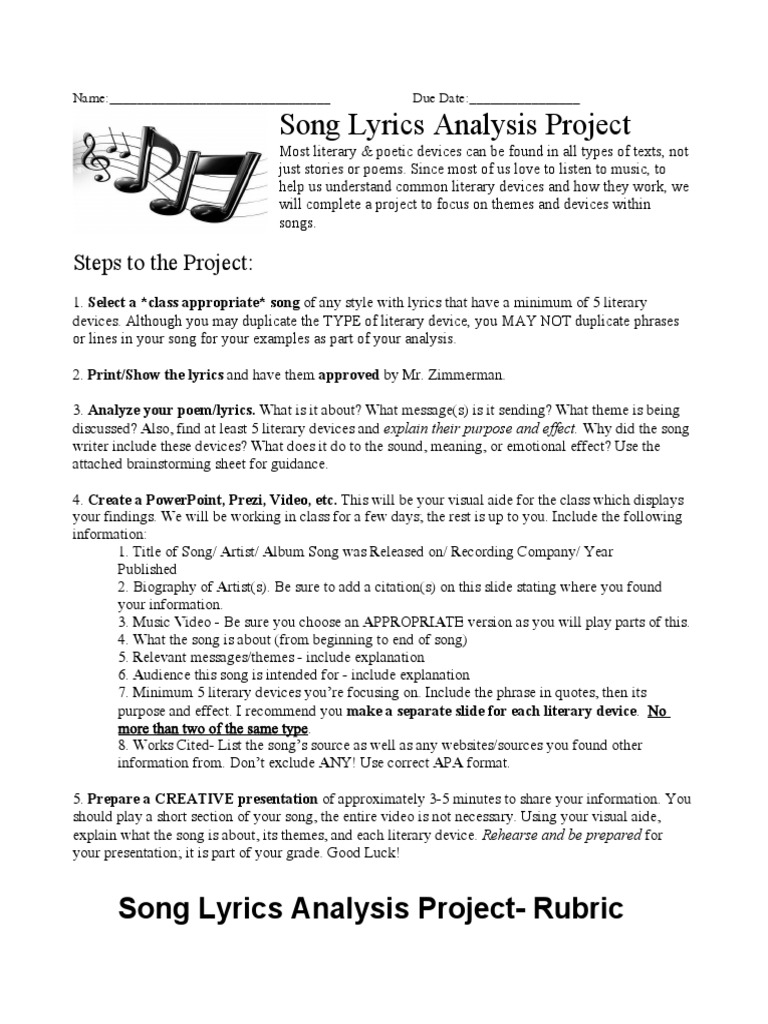 Song Lyrics Analysis Project Guide | PDF | Writers | Poetry