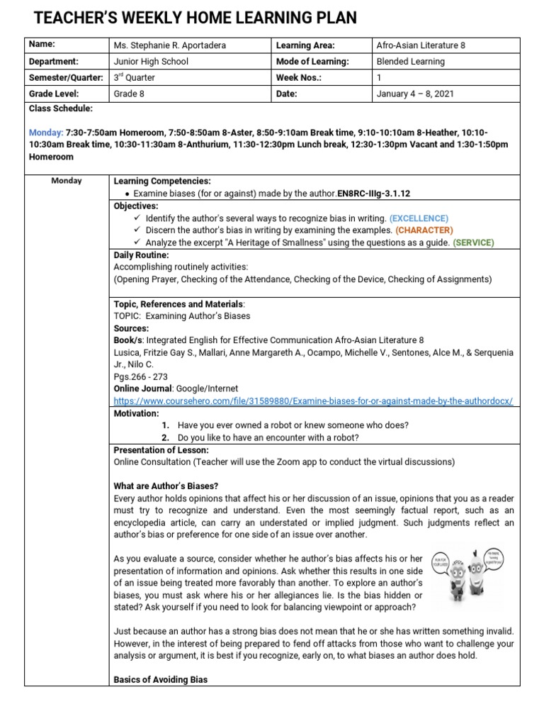 G8 Lesson 1 Weekly Home Learning Plan | PDF | Opinion | Bias