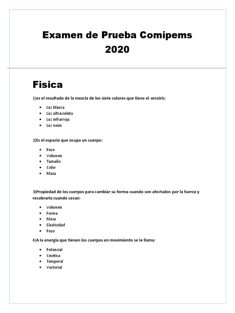 Examen de Prueba Comipems 2020FISICA | PDF | Masa | Calor