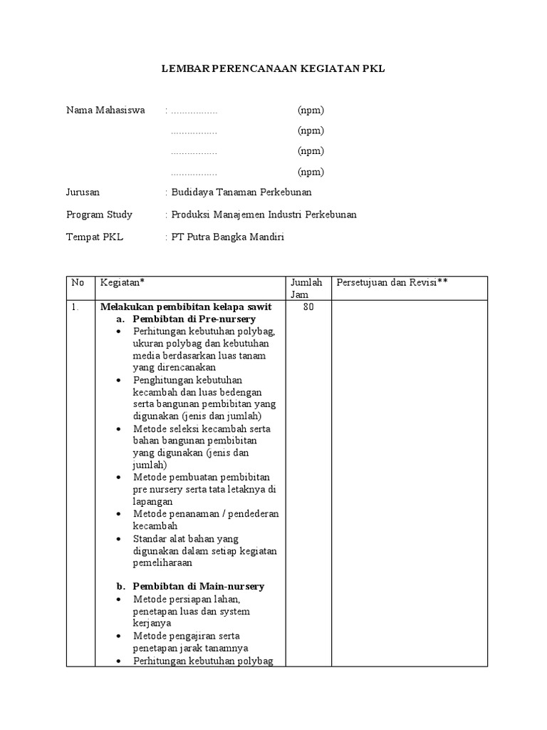 LEMBAR PERENCANAAN KEGIATAN PKL New | PDF