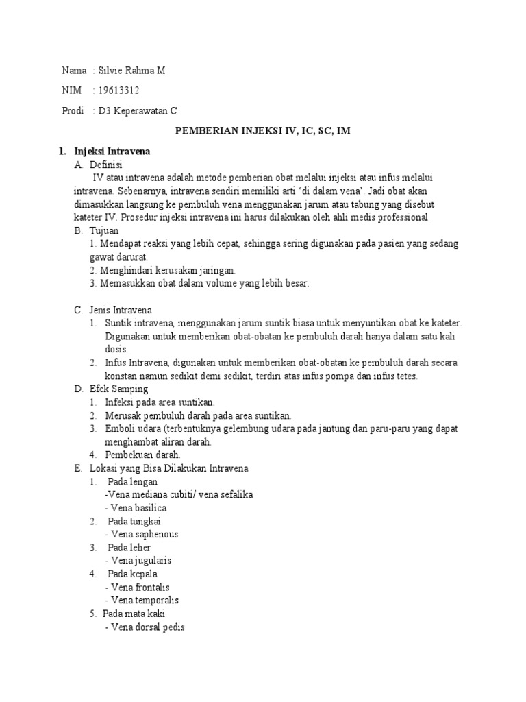 Pemberian Injeksi Iv, Ic, SC, Im | PDF