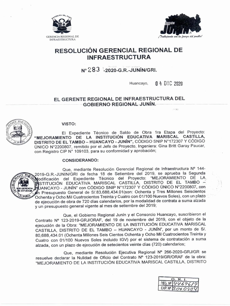 Resoluci N Gerencial Regional de Infraestructura N 283-2020-GR-JUNIN GRI | PDF | Presupuesto ...