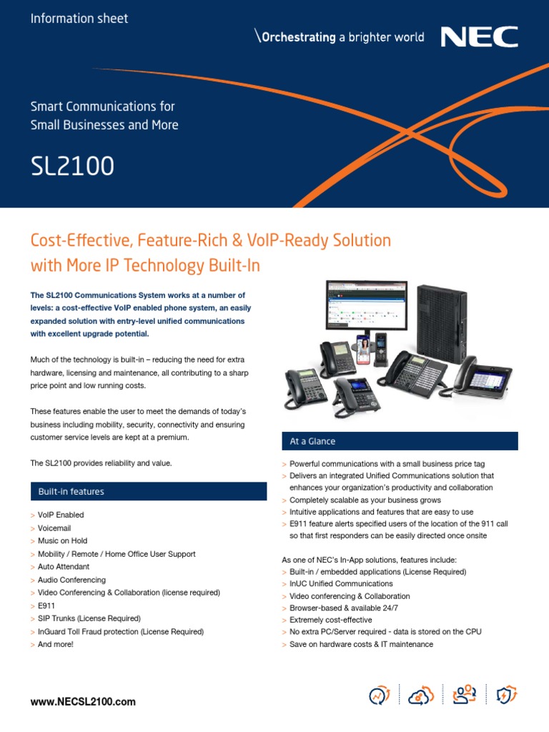 Nec SL 2100 Datasheet | PDF | Voicemail | Voice Over Ip