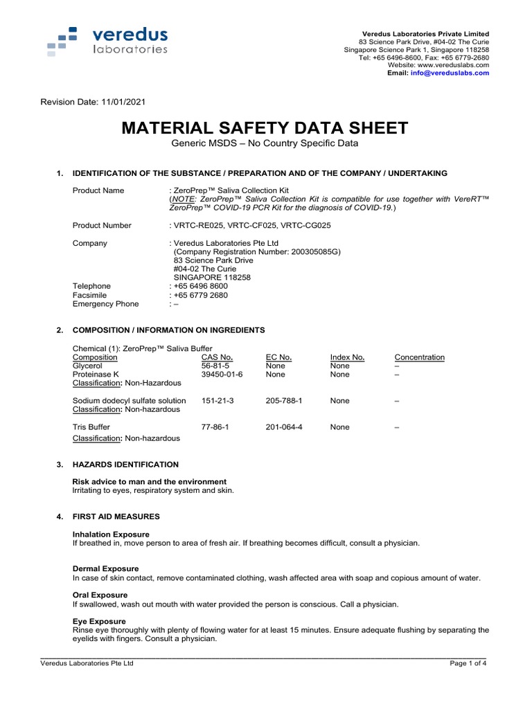 ZeroPrep Saliva Collection Kit - MSDS | PDF | Firefighting | Toxicity