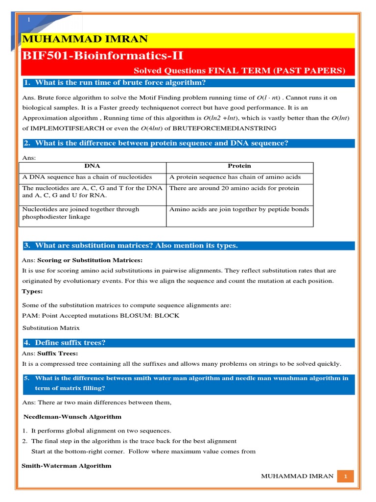 BIF501-Bioinformatics-II Solved Questions FINAL TERM (PAST PAPERS ...