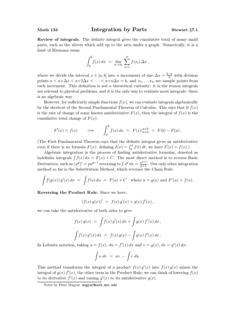 7.1 Integration by Parts | PDF | Integral | Mathematical Relations