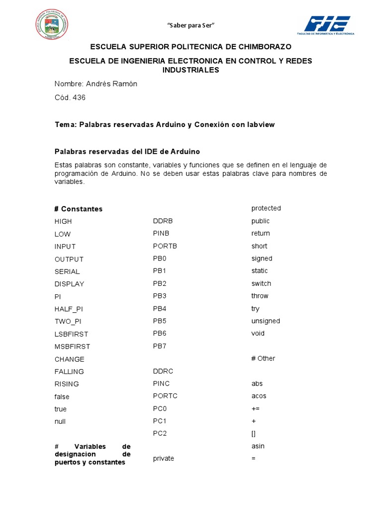 Palabras Reservadas en Arduino | PDF | Ingeniería Informática ...