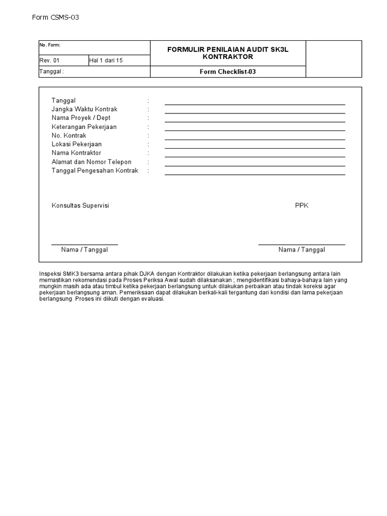 Form Checklist Sistem Manajemen K3 Kontraktor Tahap Pelaksanaan ...