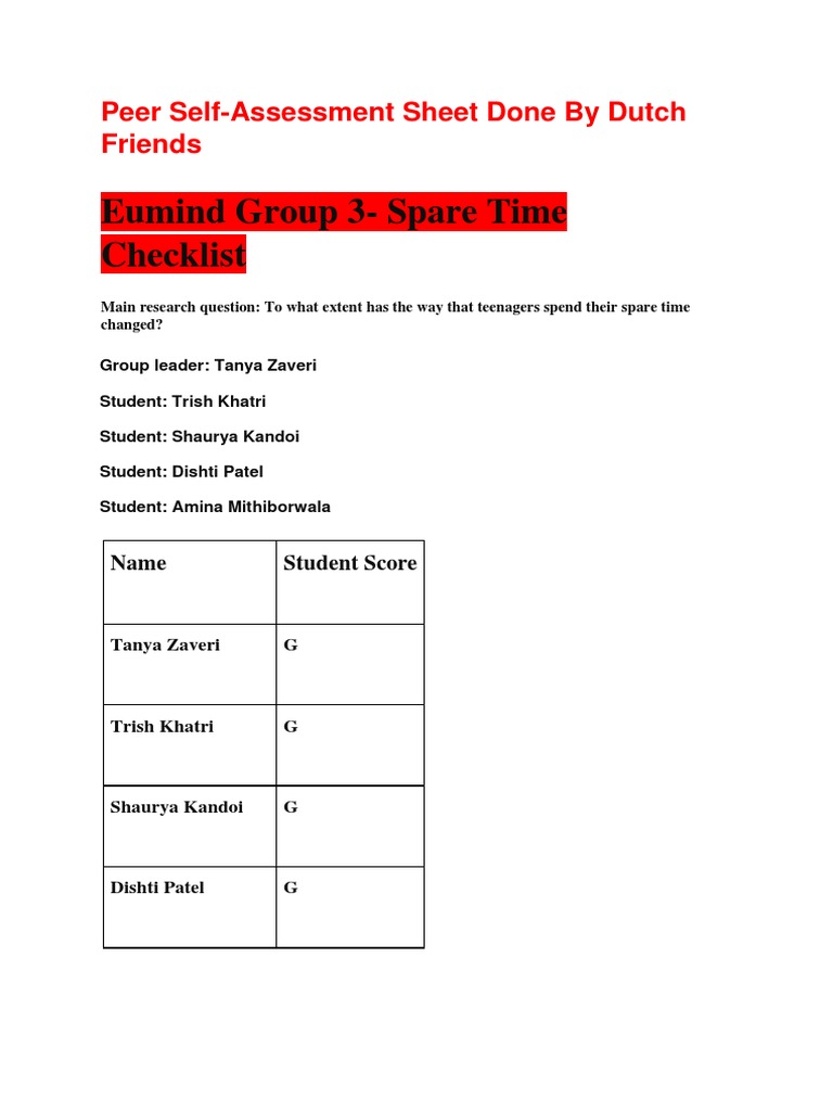 Eumind Group 3 Spare Time Checklist Peer | PDF | Interview | Psychological Concepts