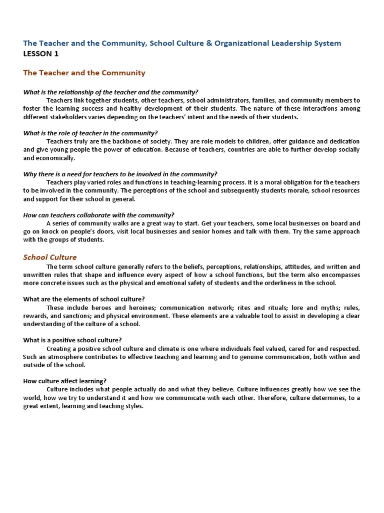 The Teacher and The Community, School Culture & Organizational ...