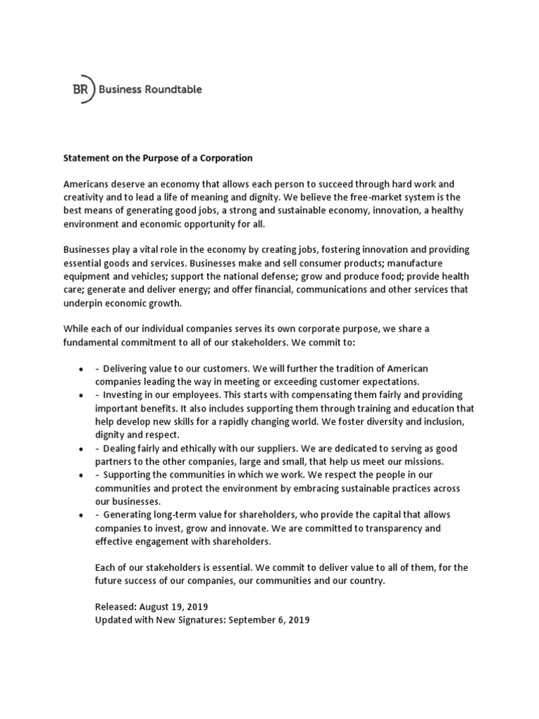 The Boardroom Roundtable Statement On The Purpose of The Corporation ...