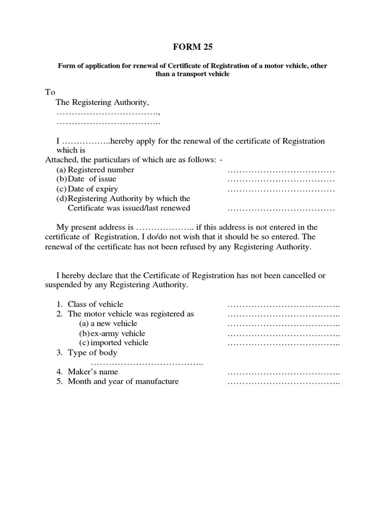 Form of Application For Renewal of RC Form-25 | PDF | Transport | Vehicles