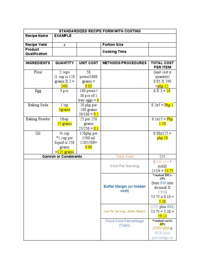 Example Of Food Costing PDF Foods Cuisine