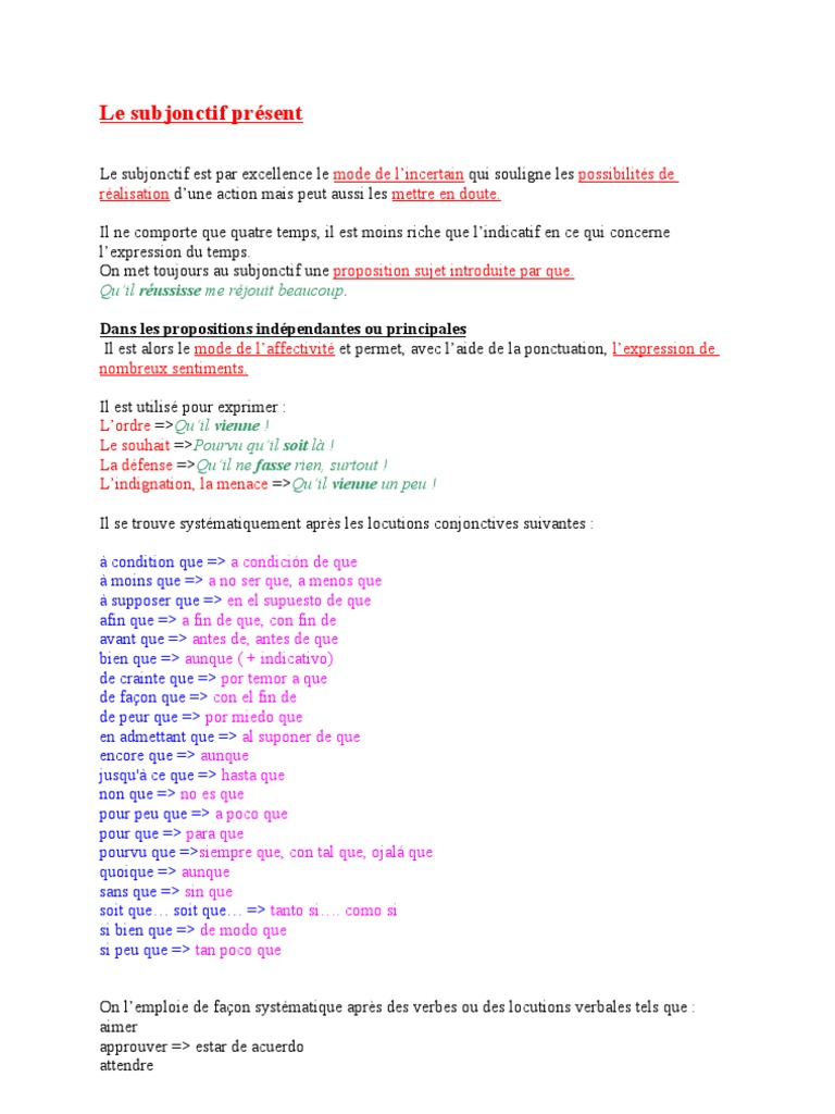 Le Subjonctif Présent | PDF | Verbe | Typologie linguistique