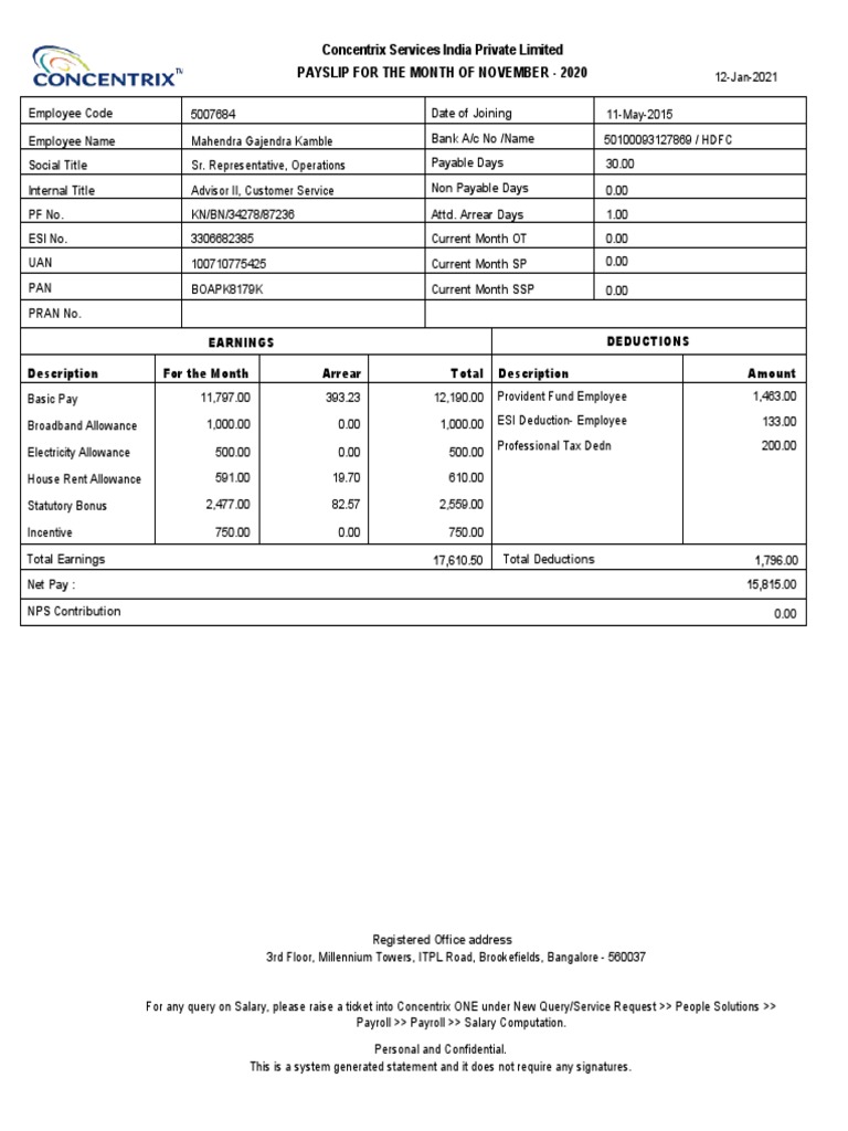 Concentrix Services India Private Limited Payslip For The Month of ...