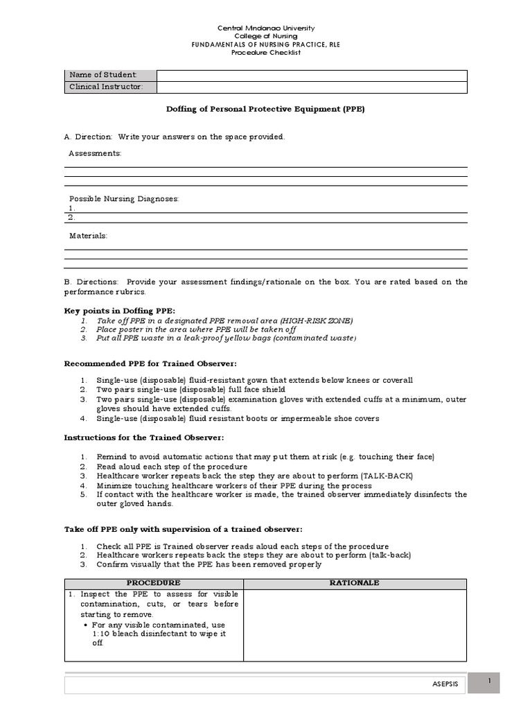 Doffing of Personal Protective Equipment (PPE) Procedure Checklist ...