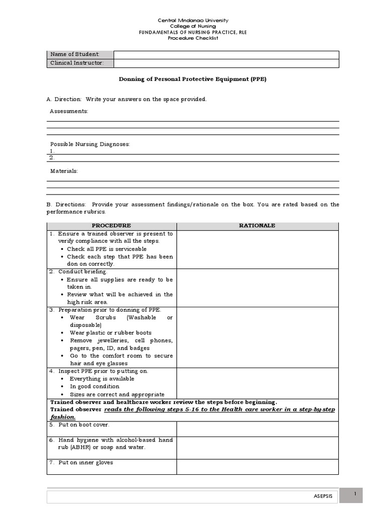 Donning of Personal Protective Equipment (PPE) Procedure Checklist ...