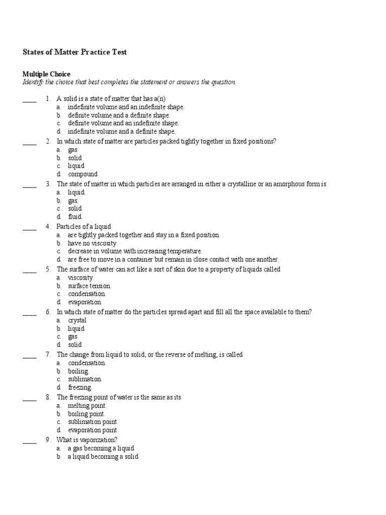 States of Matter MCQ Practice Test | PDF | Liquids | Melting Point