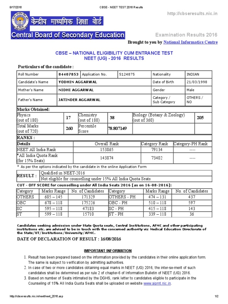 CBSE - NEET TEST 2016 Results | PDF | Qualifications | Educational Stages
