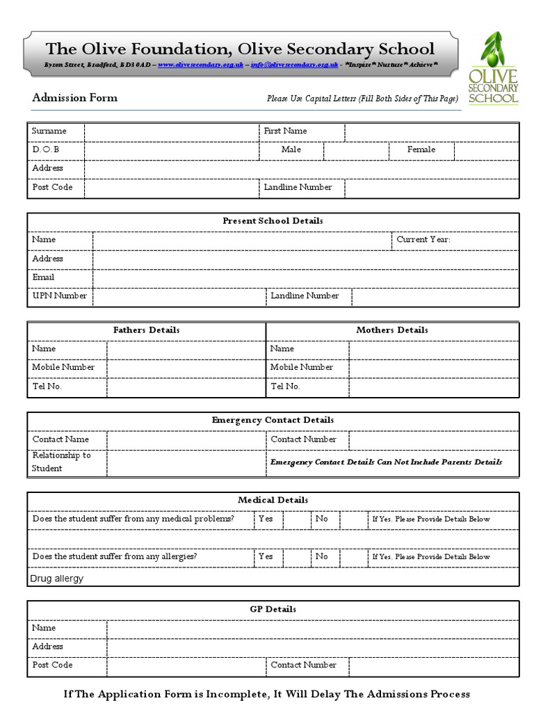 Olive Secondary School Admission Form | PDF | Schools