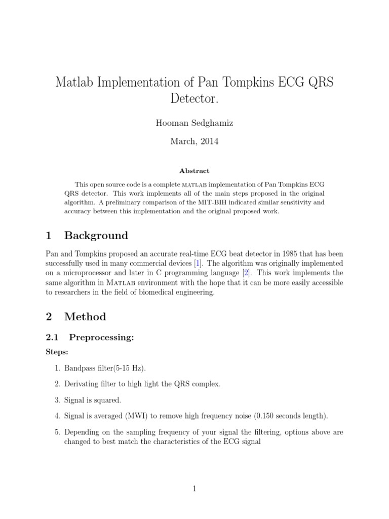 Matlab Implementation of Pan Tompkins ECG QRS Detector.: 1 Background ...
