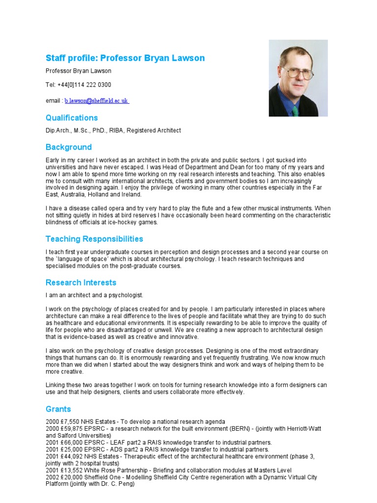 Staff Profile: Professor Bryan Lawson: Qualifications | PDF | National ...