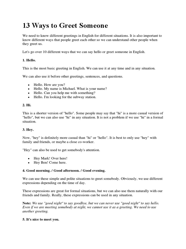 13 Ways To Greet Someone: 1. Hello | PDF