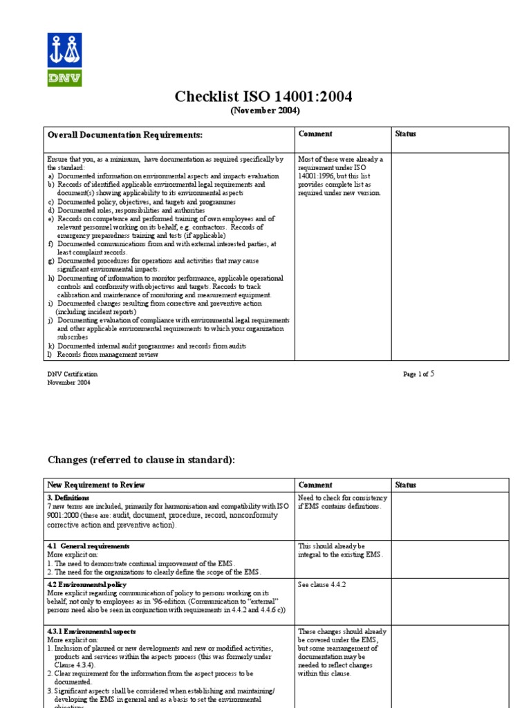 Checklist ISO 14001:2004: (November 2004) Overall Documentation ...