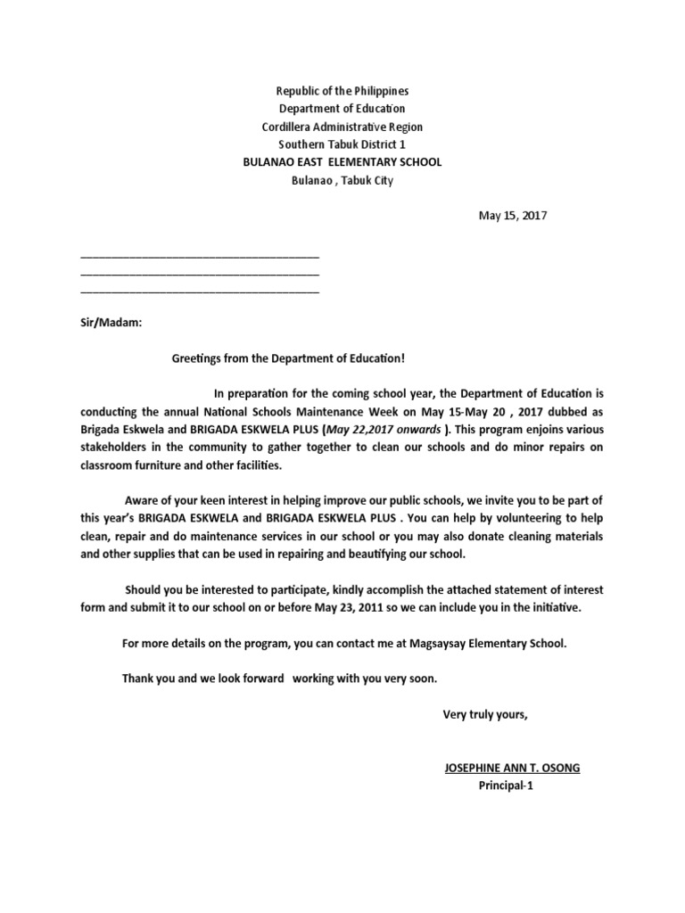 Letter of Invitation-Brigada Eskwela | PDF