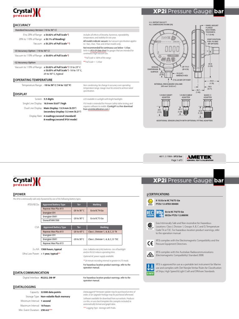 Digital Pressure Gauge Xp2i Bar Data Sheet Us | PDF | Vacuum | Pressure ...