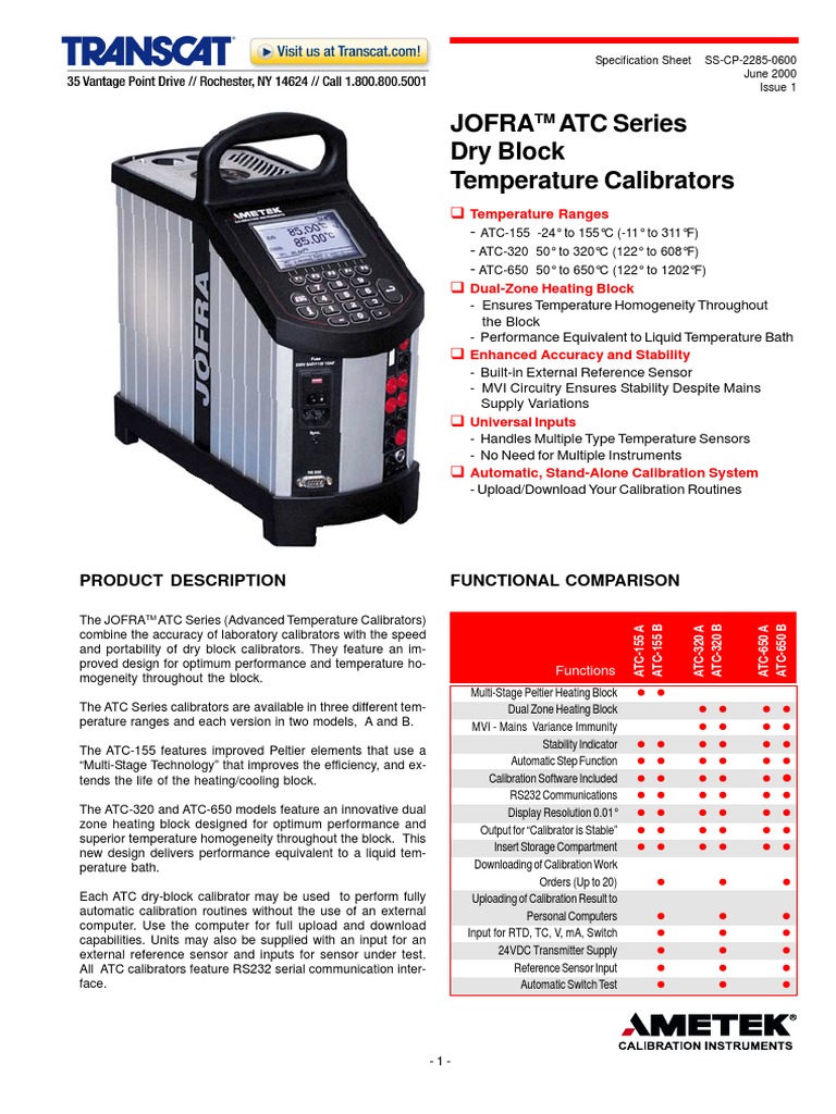 Jofra ATC Series Dry Block Temperature Calibrators: Product Description ...