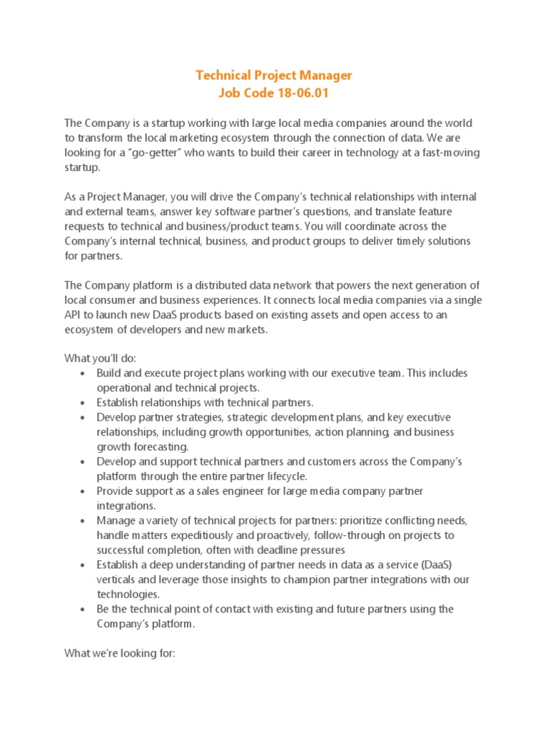 Technical Project Manager Job Code 18-06.01 | PDF | Startup Company ...