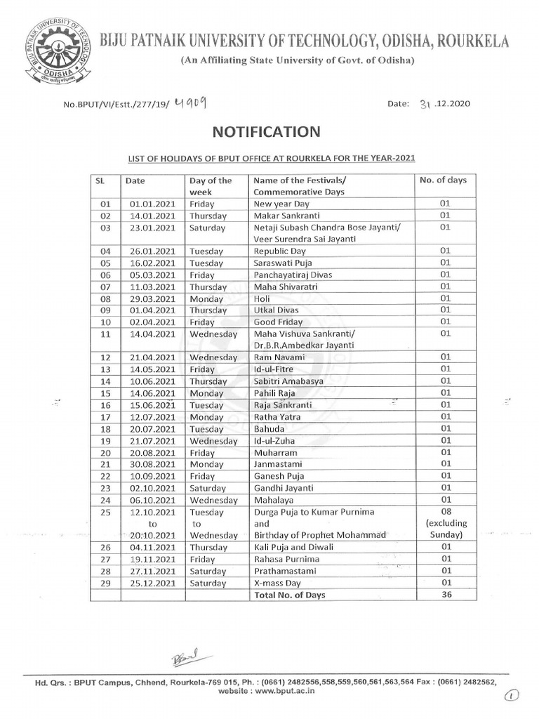 List of Holidays of BPUT Office at Rourkela For The Year 2021 | PDF