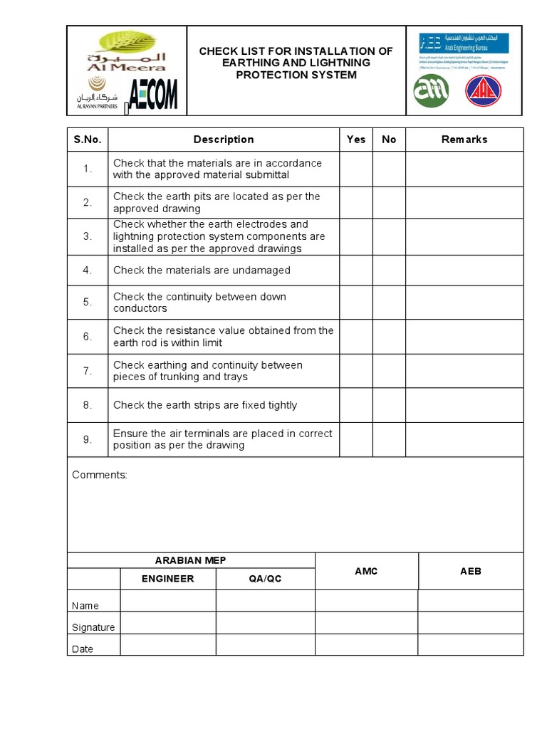 CHECKLIST For Installation of Earthing & Lightning Protection System | PDF | Science & Mathematics