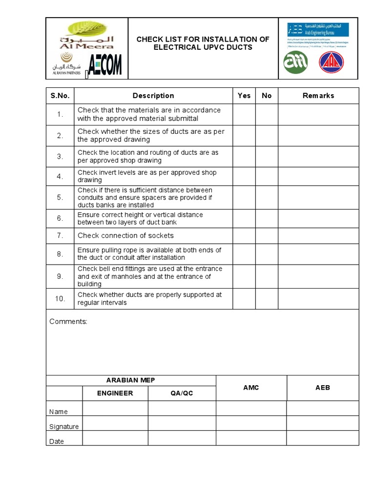 CHECKLIST for Installation of Electrical UPVC Ducts
