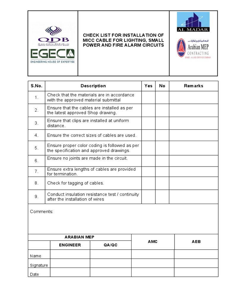 MICC Cable Installation Checklist | PDF | Technology & Engineering