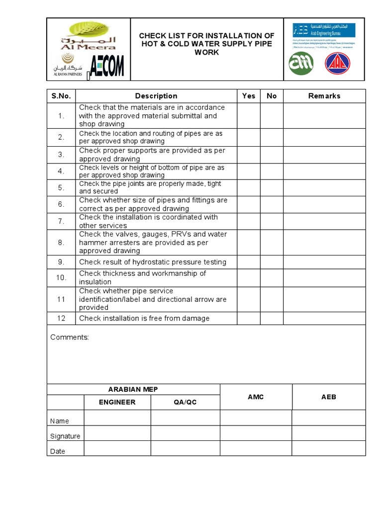 CHECKLIST For Installation of of Hot & Cold Water Supply Pipe Work | PDF
