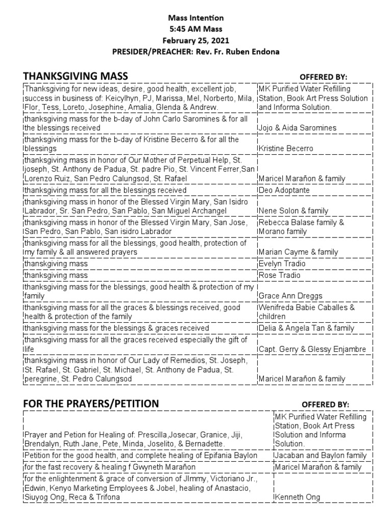 Thanksgiving Mass: Mass Intention 5:45 AM Mass February 25, 2021 ...