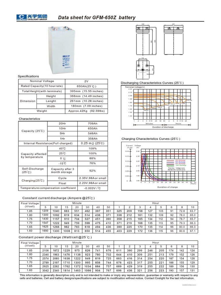 Data Sheet For GFM-650Z Battery: Specifications | PDF | Battery ...