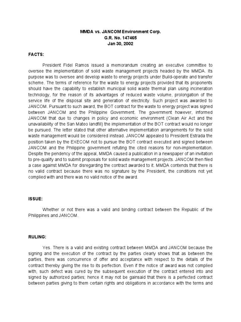 MMDA vs. JANCOM Environment Corp. G.R. No. 147465 Jan 30, 2002 Facts ...
