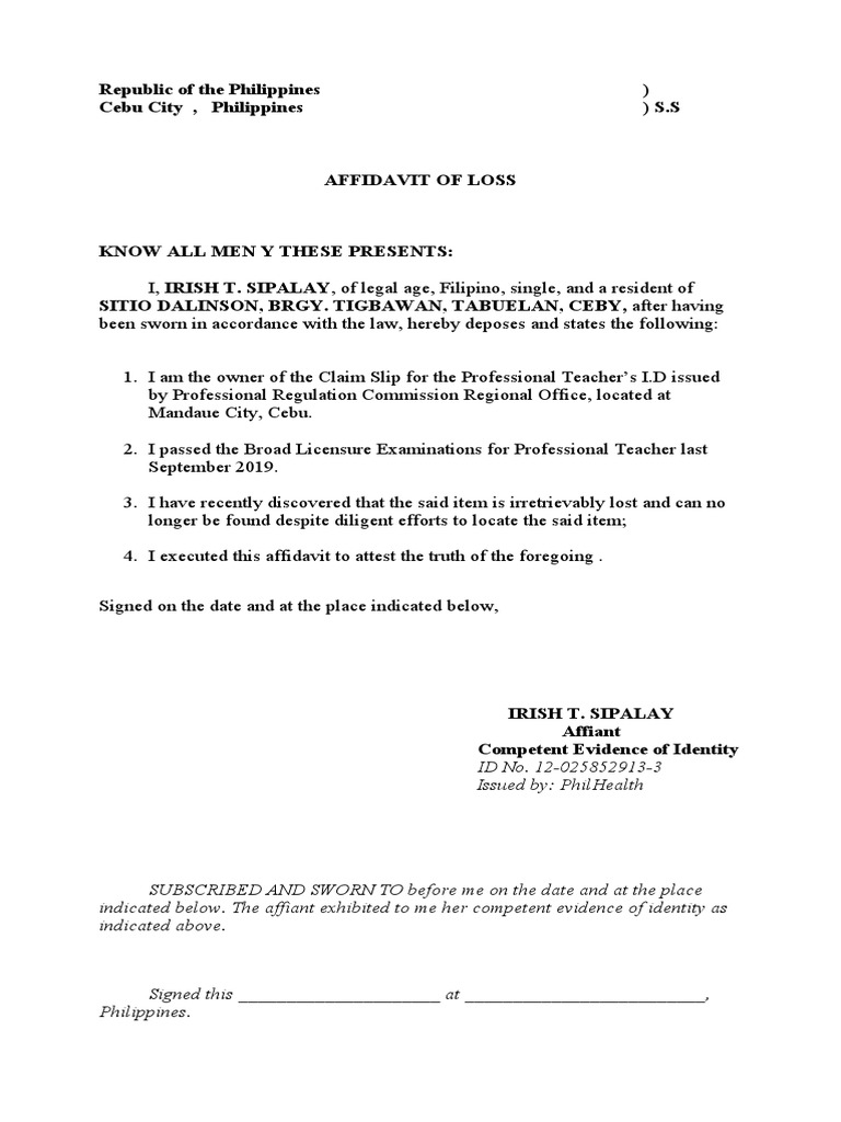 Sample affidavit of loss. Word