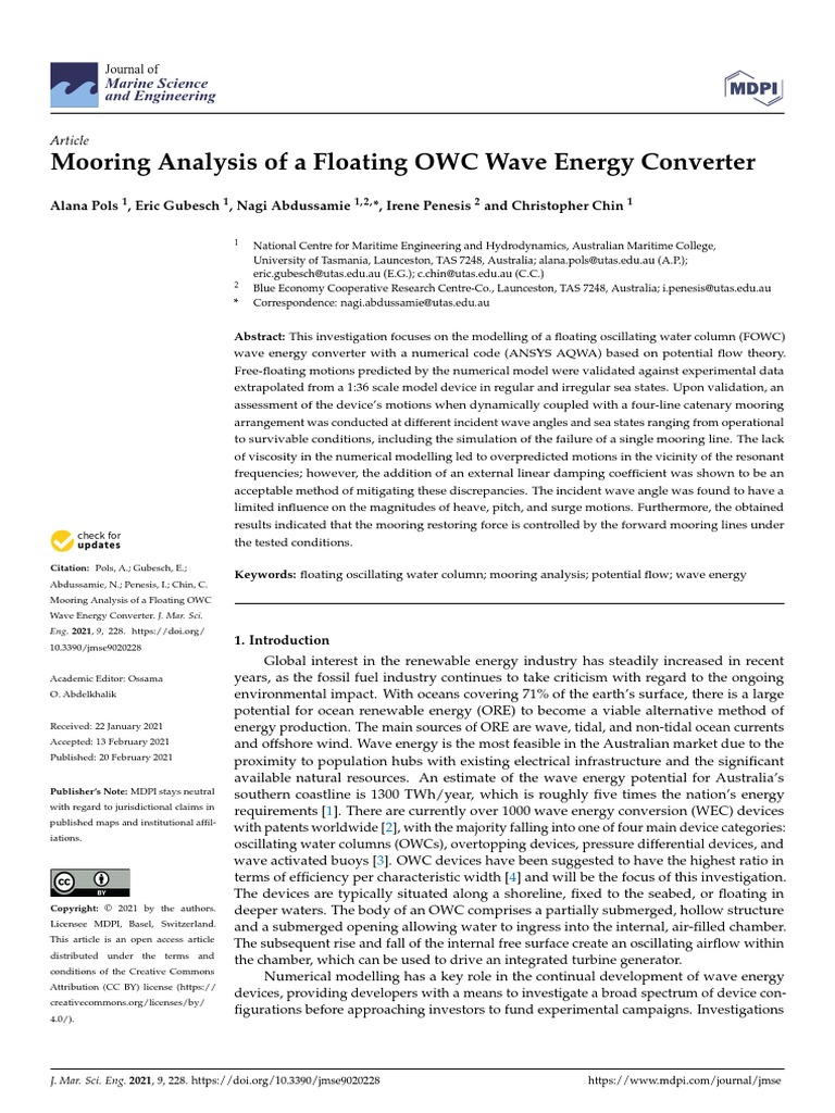 Mooring Analysis of A Floating OWC Wave Energy Converter: Marine ...
