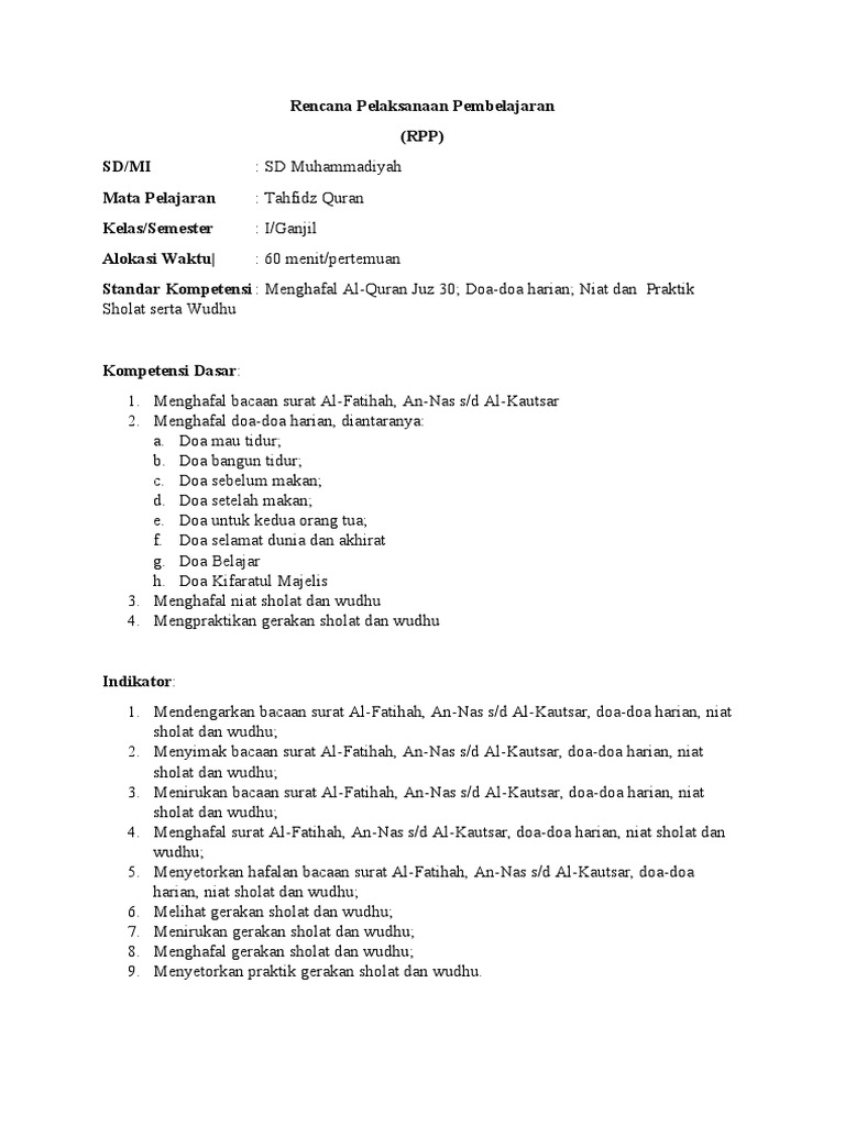 RPP Tahfidz Quran SD Kelas 1 | PDF