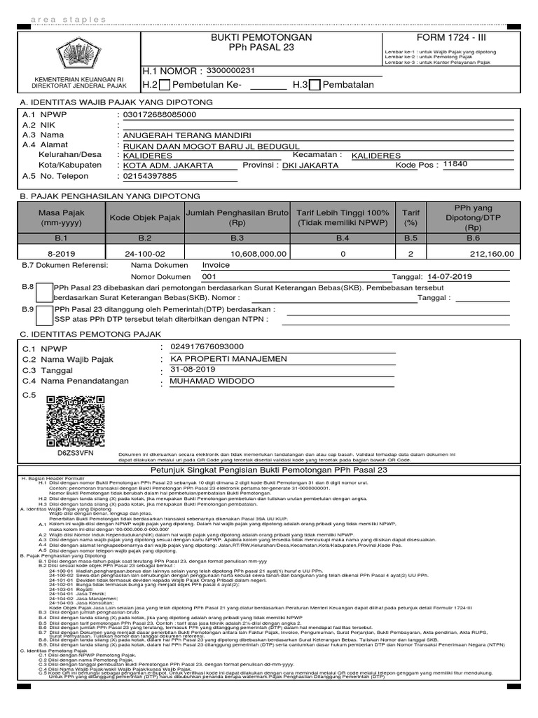 Bukti Pemotongan PPH Pasal 23 FORM 1724 - III: Area Staples | PDF