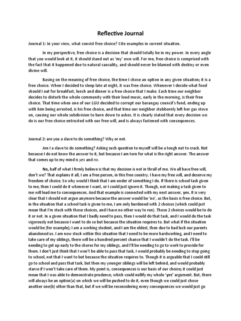 Reflective journal entries on free choice | PDF | Free Will | Metaphysics