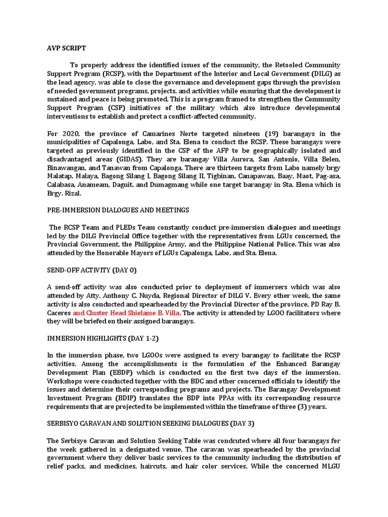Avp Script: and Cluster Head Shielame B. Villa | PDF | Philippines ...